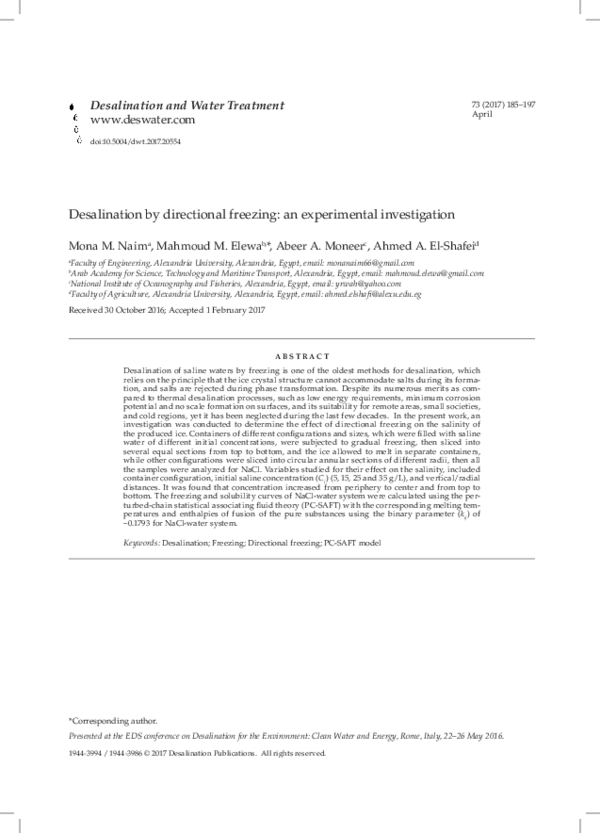 (PDF) Desalination by directional freezing: an experimental investigation