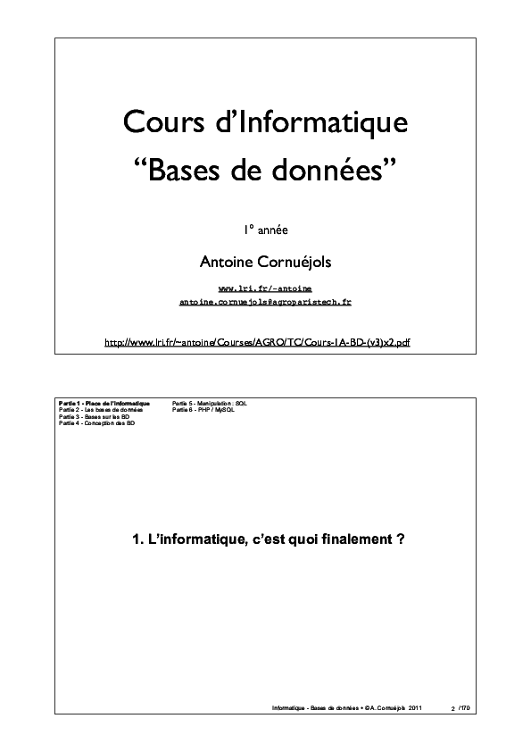 (PDF) Cours d'Informatique " Bases de données " 1° année