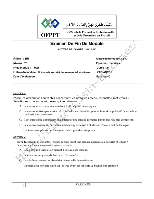 (PDF) Examen De Fin De Module Filière : TRI Année de formation : 2 A Niveau : TS Epreuve ...