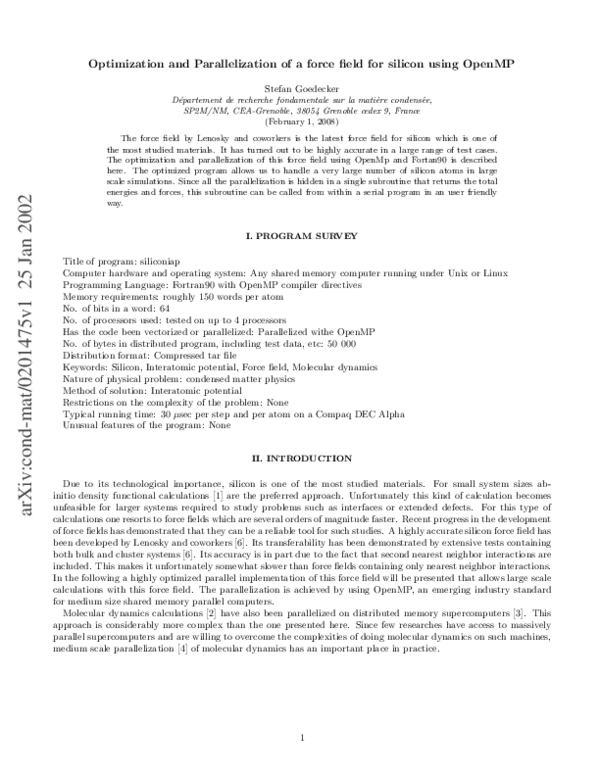 Pdf Optimization And Parallelization Of A Force Field For Silicon Using Openmp 4477