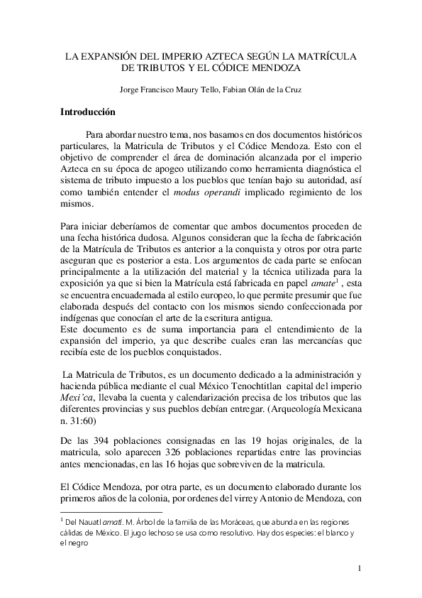 (DOC) La Expansión del Imperio Azteca Según la Matrícula de Tributos y ...