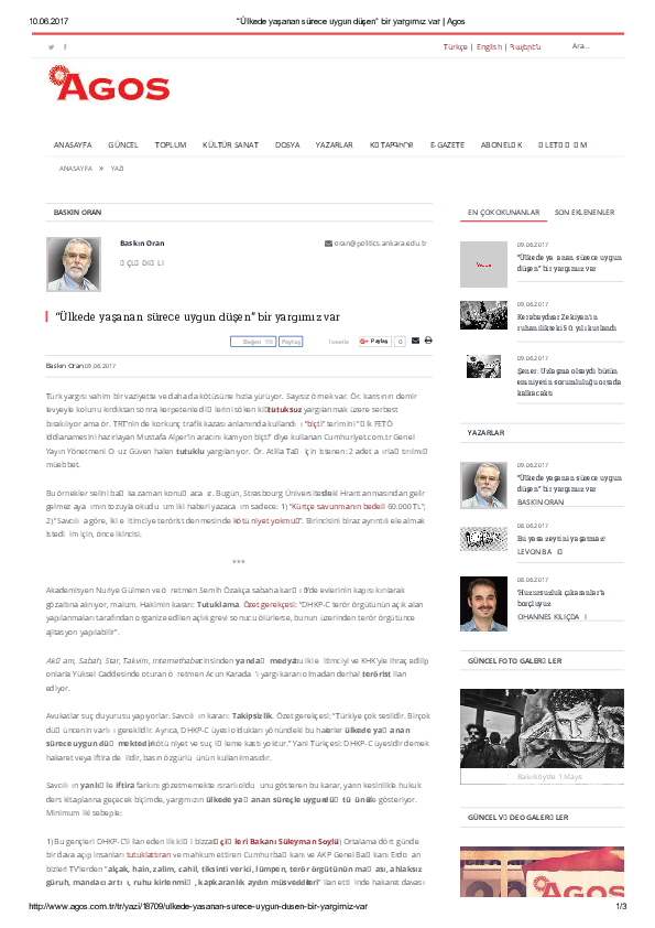 (PDF) "Ülkede yaşanan sürece uygun düşen" bir yargımız var (09.06.2017) (Agos, T24, artigercek)