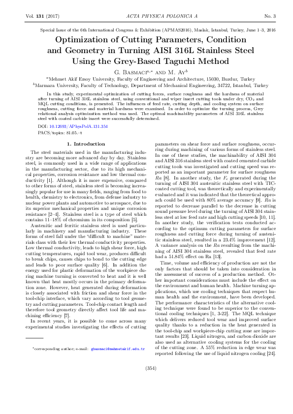 Pdf Optimization Of Cutting Parameters Condition And Geometry In Turning Aisi 316l Stainless