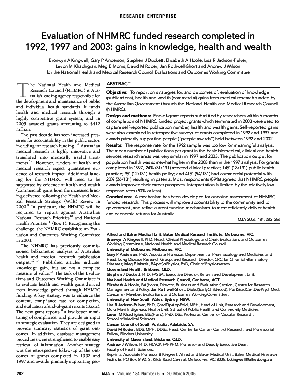 (PDF) Evaluation of NHMRC funded research completed in 1992, 1997 and ...