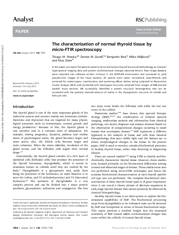 Pdf The Characterization Of Normal Thyroid Tissue By Micro Ftir Spectroscopy