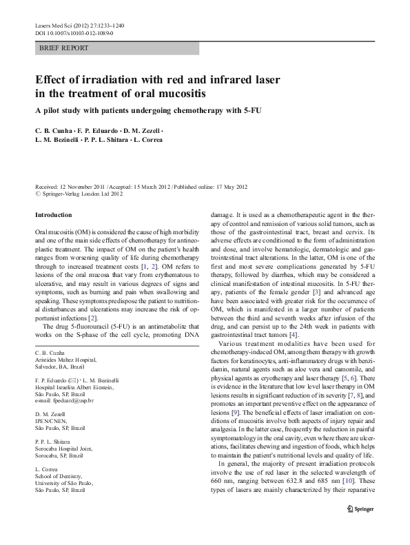 (PDF) Effect of irradiation with red and infrared laser in the treatment of oral mucositis A ...