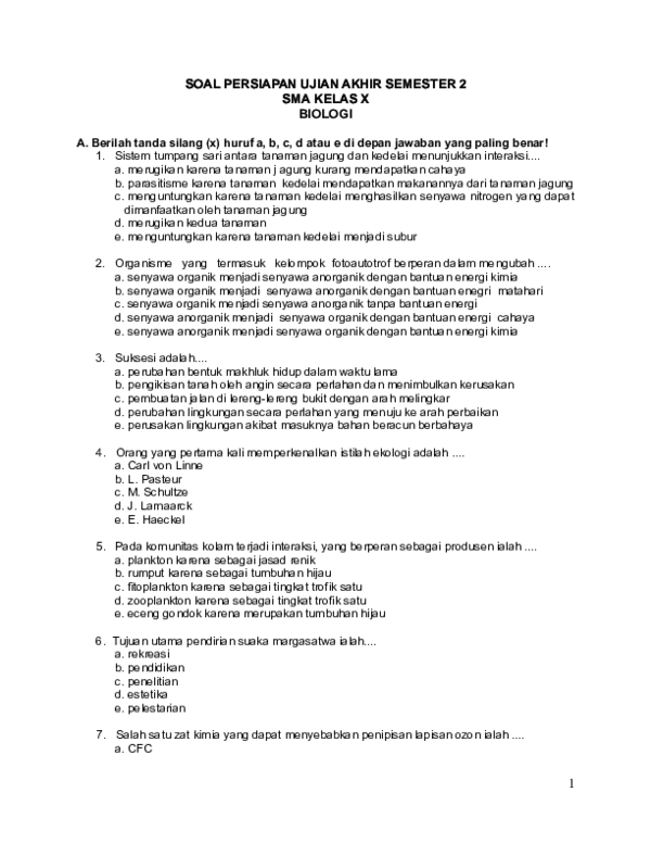 (DOC) SOAL PERSIAPAN UJIAN AKHIR SEMESTER 2 SMA KELAS X BIOLOGI
