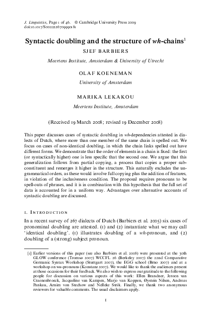 (PDF) Syntactic doubling and the structure of wh-chains (with Sjef ...