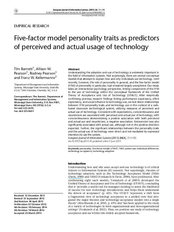 (PDF) Five-factor model personality traits as predictors of perceived ...