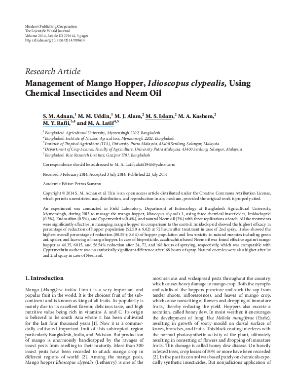 (PDF) Management of Mango Hopper, Idioscopus clypealis, Using Chemical ...