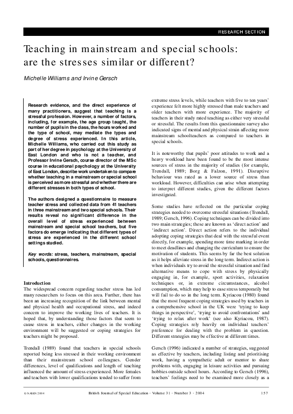 (PDF) Teaching in mainstream and special schools: are the stresses ...