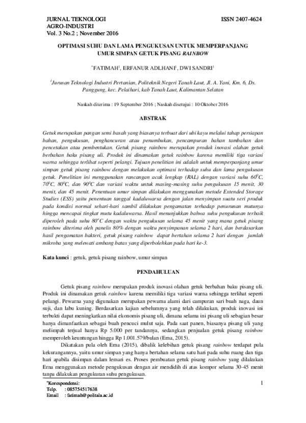 (PDF) OPTIMASI SUHU DAN LAMA PENGUKUSAN UNTUK MEMPERPANJANG UMUR SIMPAN ...