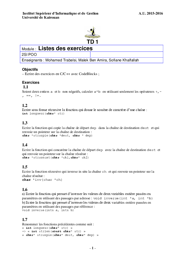 (PDF) TD 1 Module : Listes des exercices 2SI POO | fathia ragoubi ...