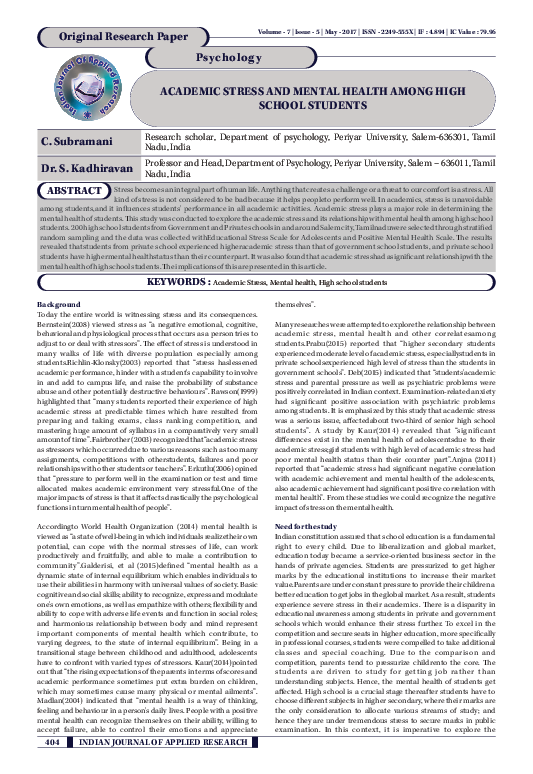 (PDF) ACADEMIC STRESS AND MENTAL HEALTH AMONG HIGH SCHOOL STUDENTS