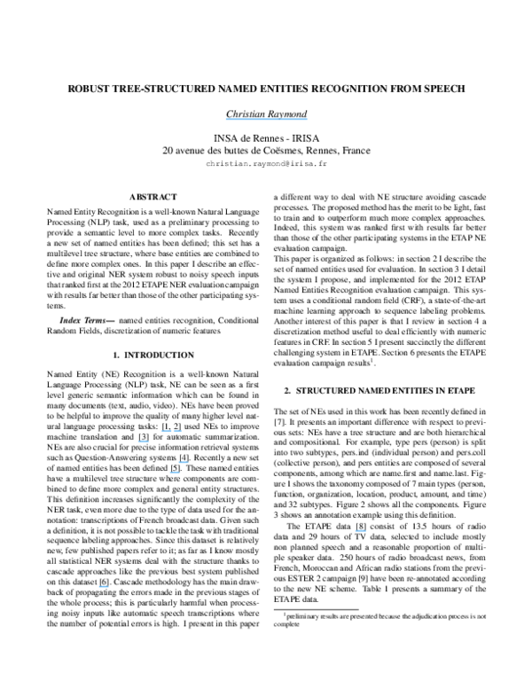 (PDF) Robust tree-structured named entities recognition from speech