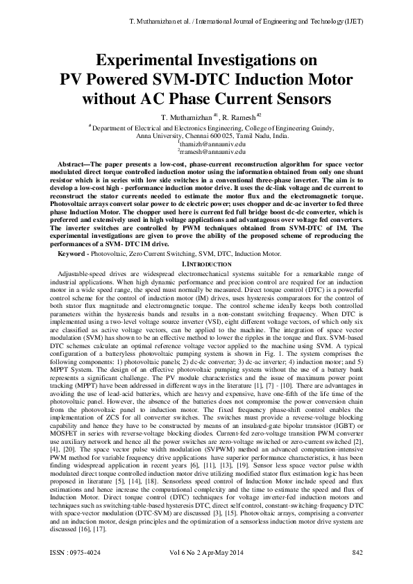 (PDF) Experimental Investigations on PV Powered SVM-DTC Induction Motor without AC Phase Current ...