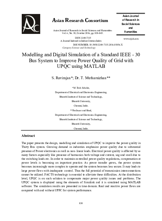 (PDF) Modelling and Digital Simulation of a Standard IEEE -30 Bus System to Improve Power ...