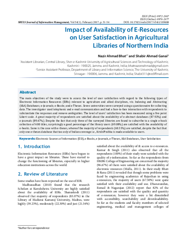 (PDF) Impact of Availability of E-Resources on User Satisfaction in Agricultural Libraries of ...