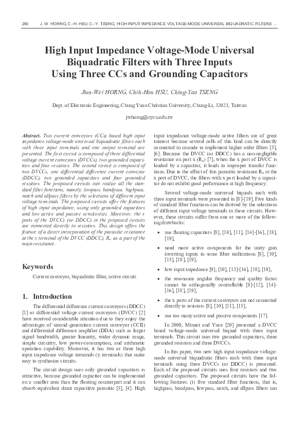 (PDF) High Input Impedance Voltage-Mode Universal Biquadratic Filters with Three Inputs Using ...