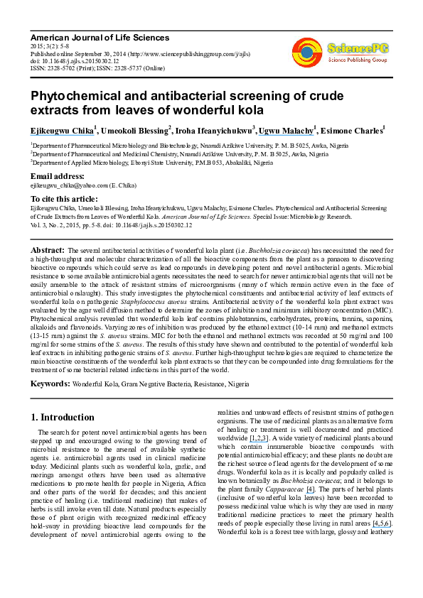 (PDF) Phytochemical and antibacterial screening of crude extracts from leaves of wonderful kola