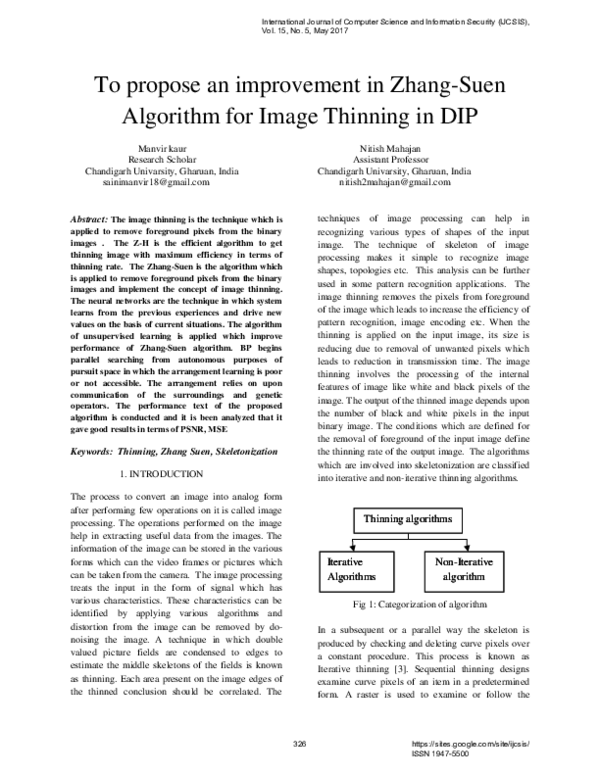 Pdf To Propose An Improvement In Zhang Suen Algorithm For Image Thinning In Dip Journal Of
