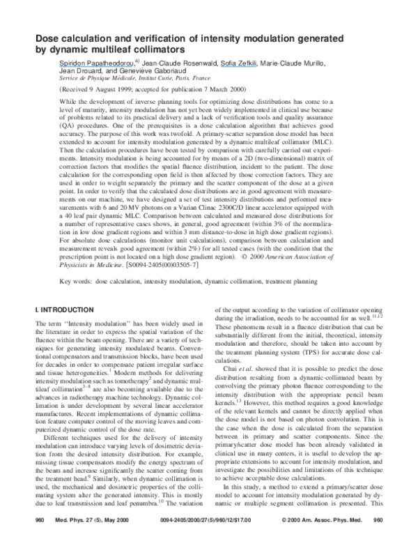 Pdf Dose Calculation And Verification Of Intensity Modulation Generated By Dynamic Multileaf