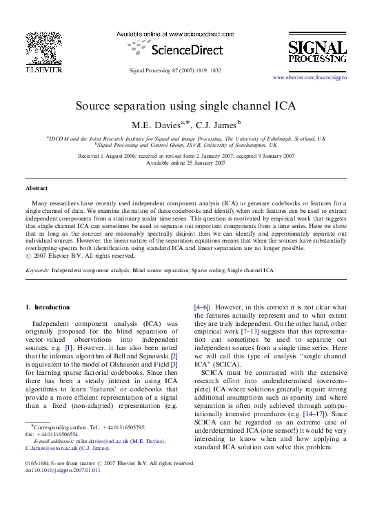 (PDF) Source separation using single channel ICA