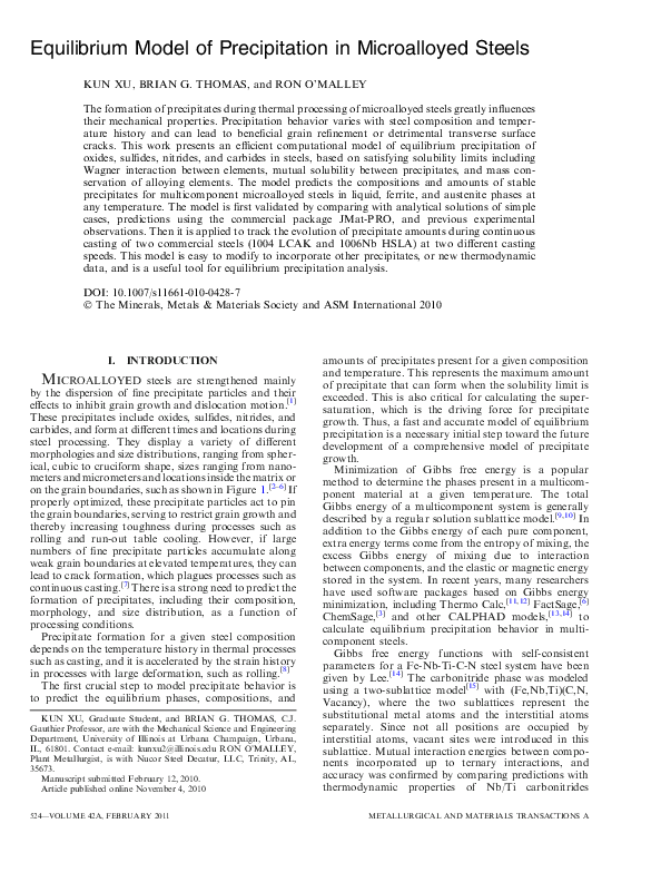(PDF) Equilibrium Model of Precipitation in Microalloyed Steels