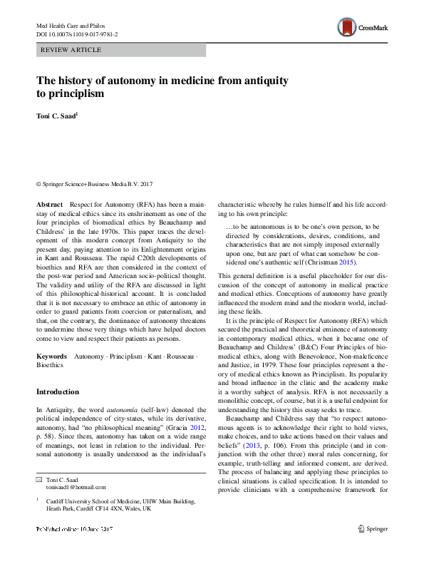 (PDF) The history of autonomy in medicine from antiquity to principlism