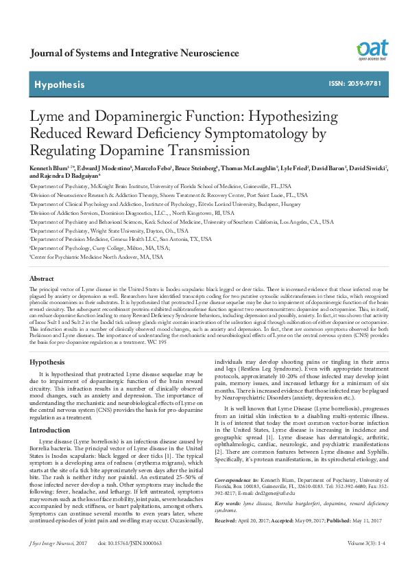 (PDF) Lyme and dopaminergic function: Hypothesizing reduced reward deficiency symptomatology by ...