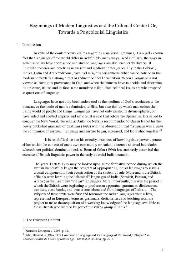 (DOC) Beginnings of Modern Linguistics and the Colonial Context ...