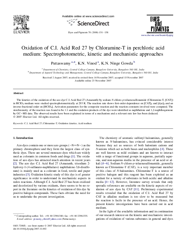 (PDF) Oxidation of C.I. Acid Red 27 by Chloramine-T in perchloric acid ...