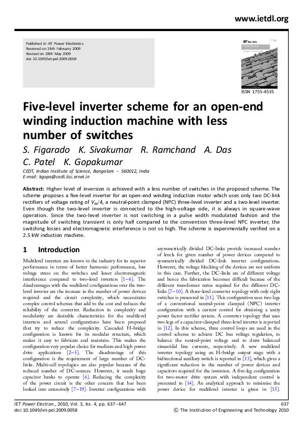 Pdf Five Level Inverter Scheme For An Open End Winding Induction Machine With Less Number Of