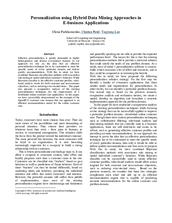 Pdf Personalization Using Hybrid Data Mining Approaches In E Business Applications