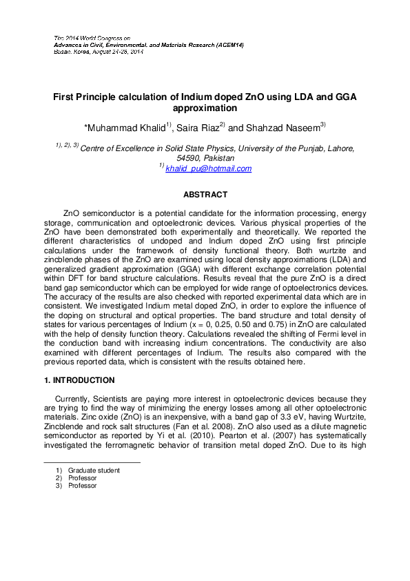 (PDF) First Principle calculation of Indium doped ZnO using LDA and GGA ...