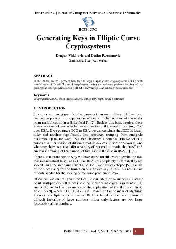 (PDF) Generating Keys in Elliptic Curve Cryptosystems
