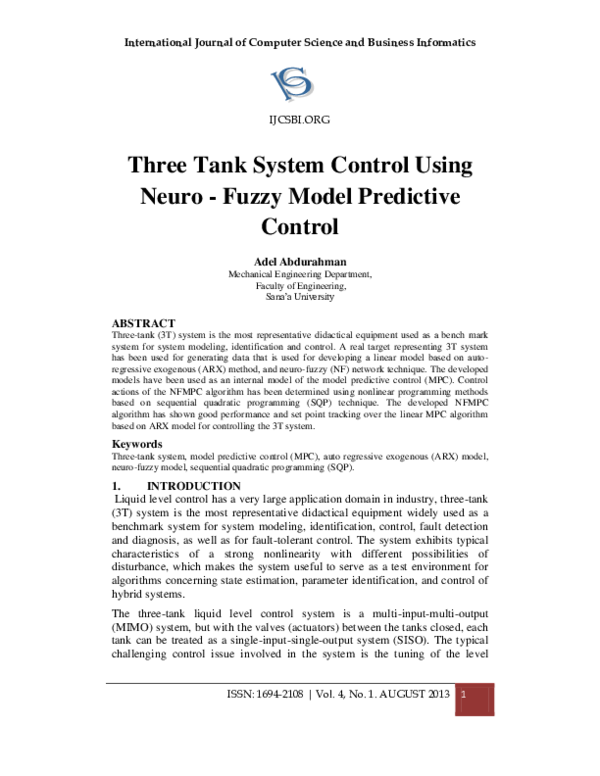 (PDF) Three Tank System Control Using Neuro -Fuzzy Model Predictive Control