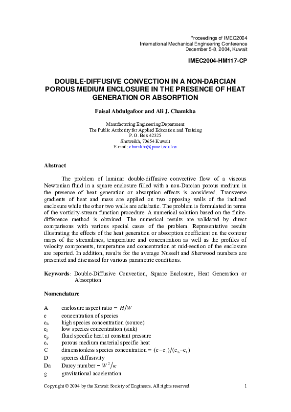(PDF) DOUBLE-DIFFUSIVE CONVECTION IN A NON-DARCIAN POROUS MEDIUM ENCLOSURE IN THE PRESENCE OF ...