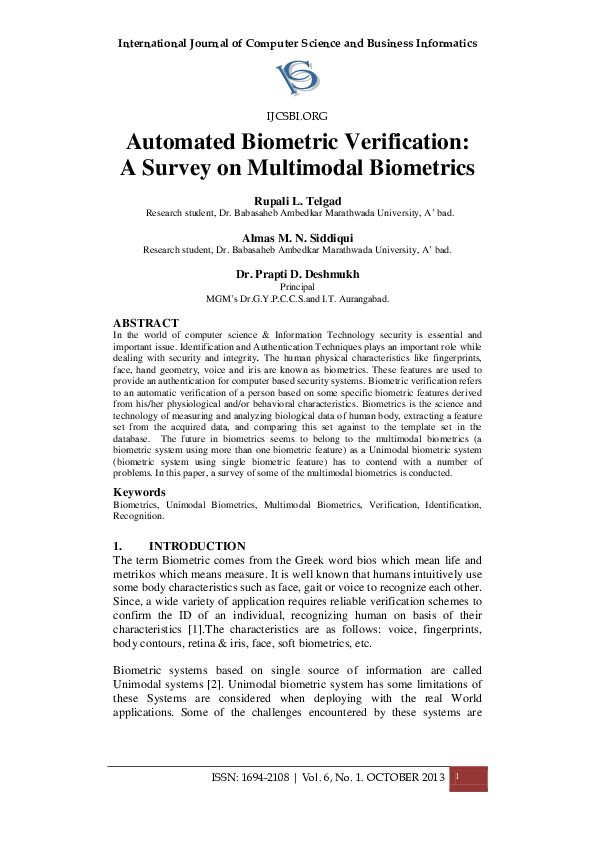 (PDF) Automated Biometric Verification: A Survey on Multimodal Biometrics