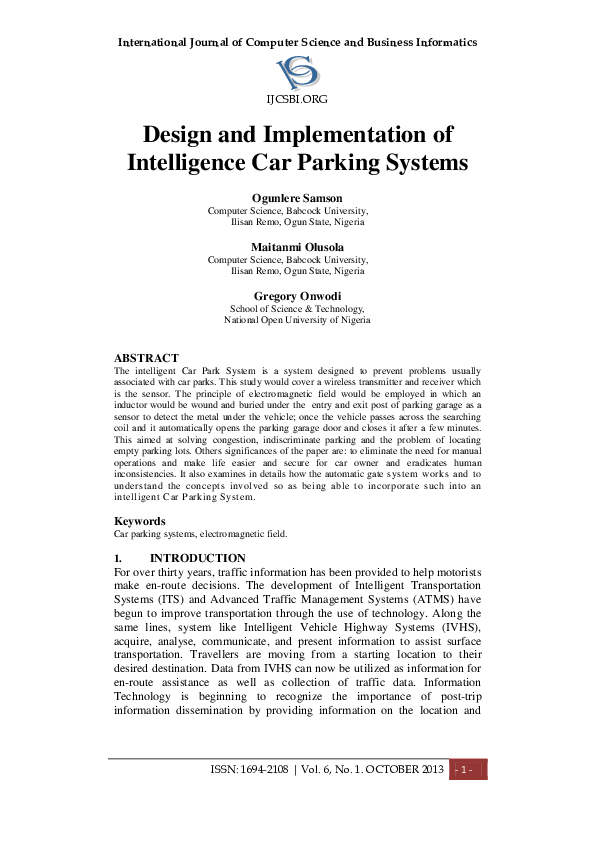 (PDF) Design and Implementation of Intelligence Car Parking Systems