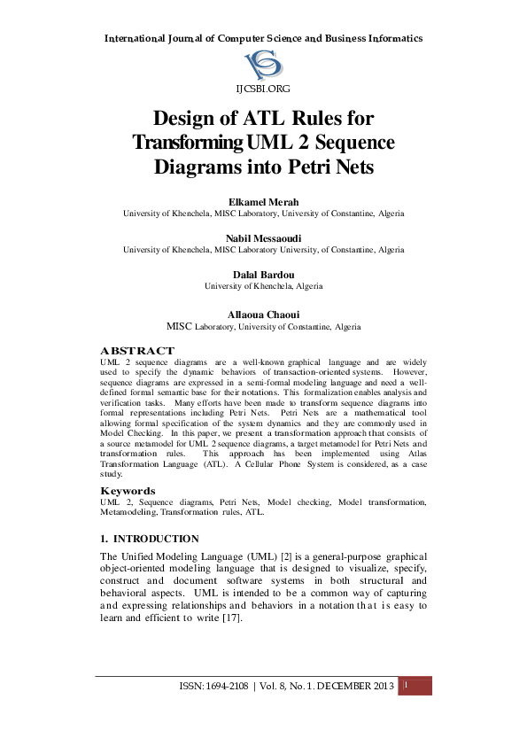 (PDF) Design of ATL Rules for Transforming UML 2 Sequence Diagrams into Petri Nets