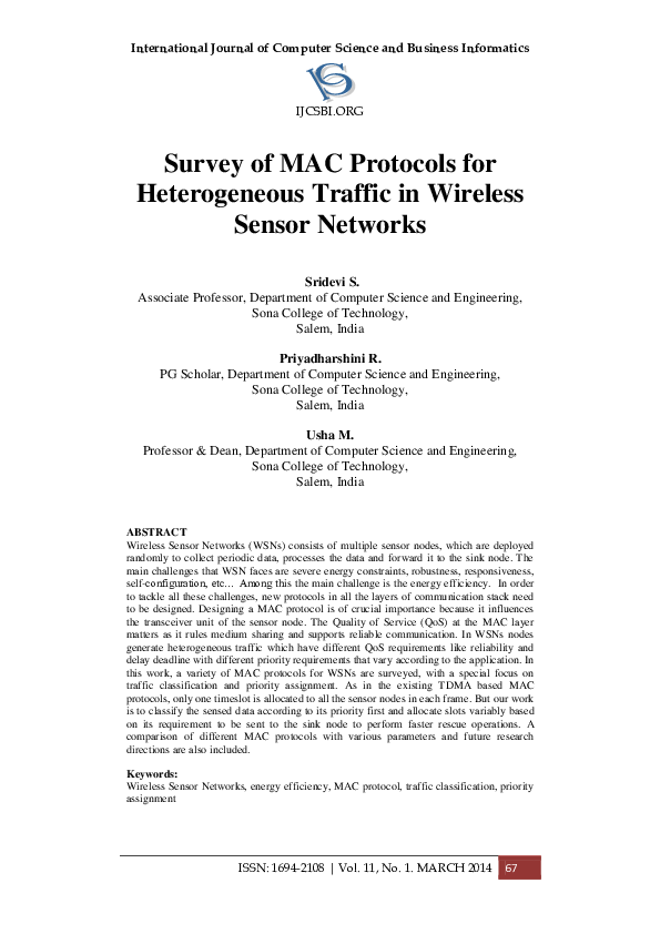 Pdf Survey Of Mac Protocols For Heterogeneous Traffic In Wireless Sensor Networks