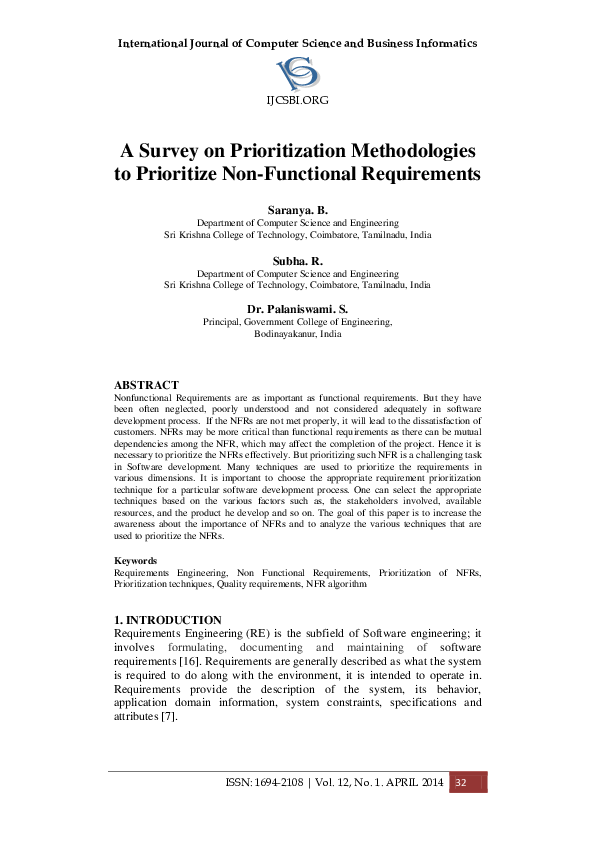 Pdf A Survey On Prioritization Methodologies To Prioritize Non Functional Requirements