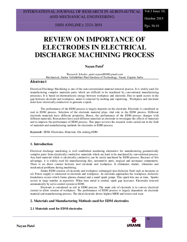 Pdf Review On Importance Of Electrodes In Electrical Discharge Machining Process
