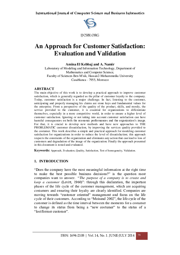 (PDF) An Approach for Customer Satisfaction: Evaluation and Validation