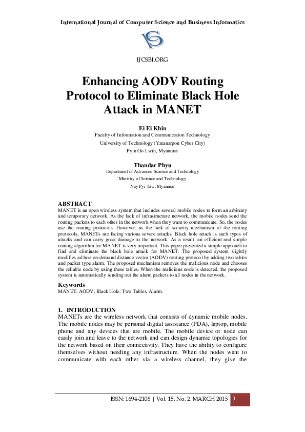 (PDF) Enhancing AODV Routing Protocol to Eliminate Black Hole Attack in MANET