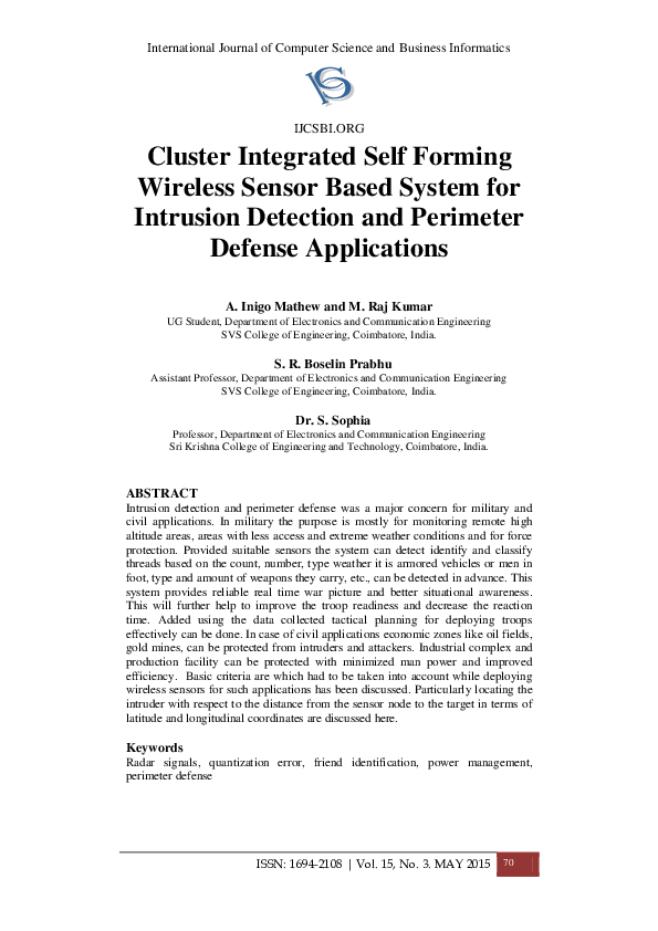 (PDF) Cluster Integrated Self Forming Wireless Sensor Based System for Intrusion Detection and ...