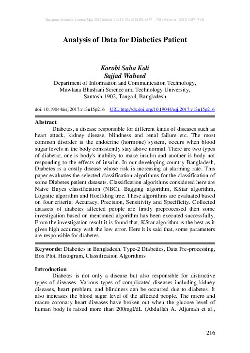 (PDF) Evaluating Classification Algorithms for Diabetes Data Analysis