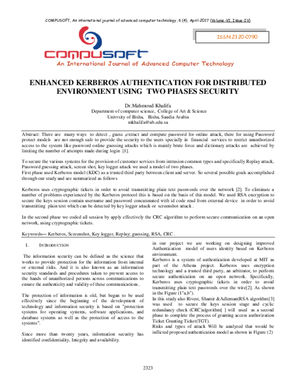 Pdf Enhanced Kerberos Authentication For Distributed Environment Using Two Phases Security