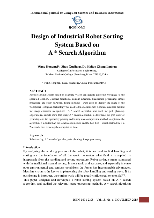 (PDF) Design of Industrial Robot Sorting System Based on A * Search Algorithm